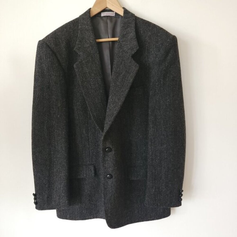 Vintage Harris Tweed Herringbone Dark Grey Charcoal B… - Gem